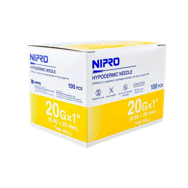 NIPRO เข็ม ฉีดยา แบบใช้เเล้วทิ้ง - 100 ชิ้นต่อกล่อง - #20x1” | Allgenhealth